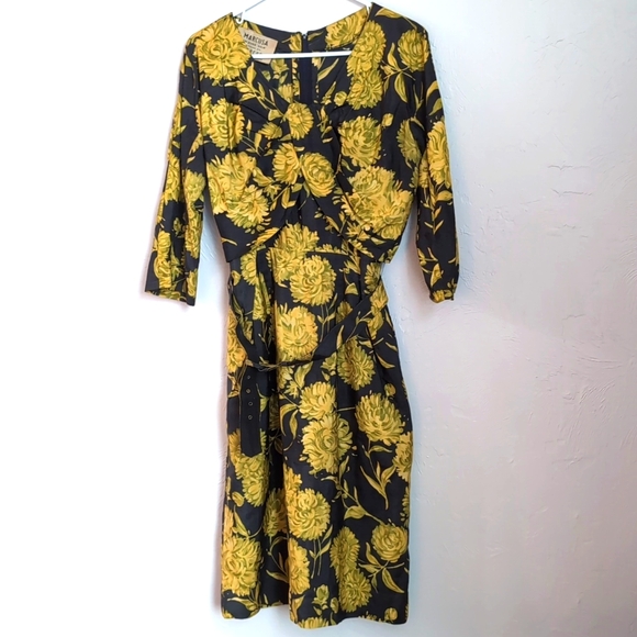 Marcusa | Dresses | Vintage Marcusa Pure Silk Yellow Black Floral 5s ...